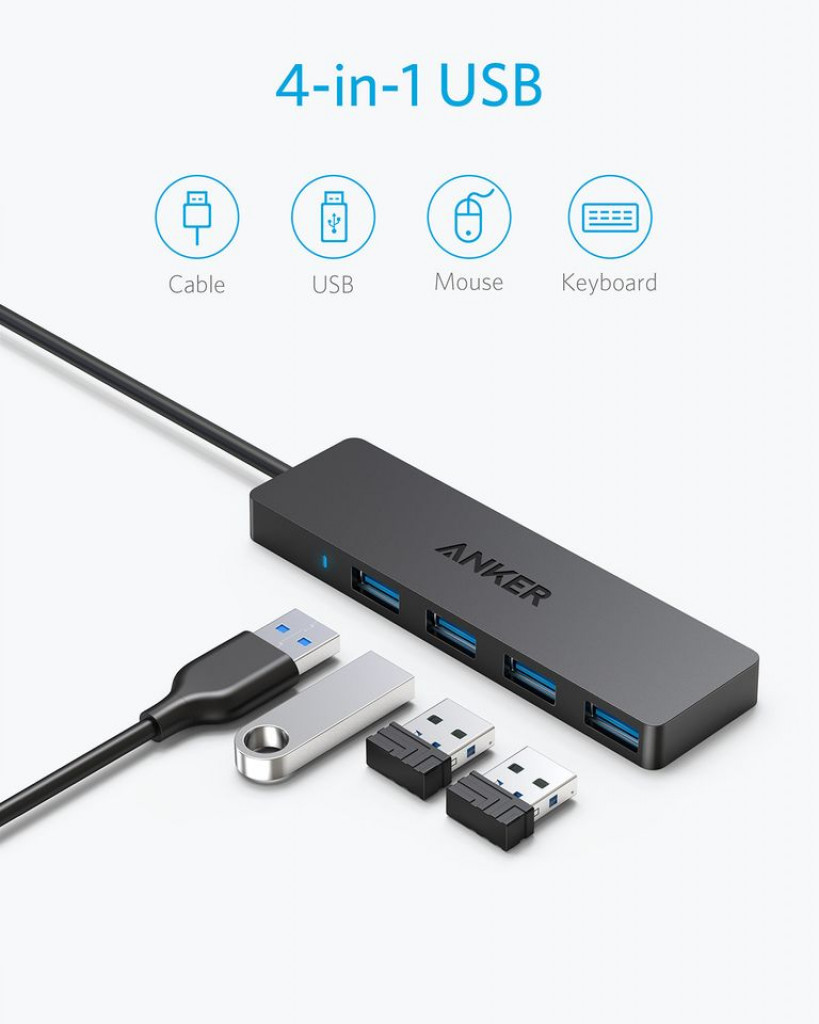 Anker Ultra Slim 4-Port USB 3.0 Data Hub 2ft, black - tejarra.com