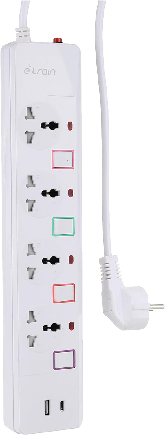 Etrain 16A Power Strip with Overload Protection, 4 Output Plugs + 1 USB ...