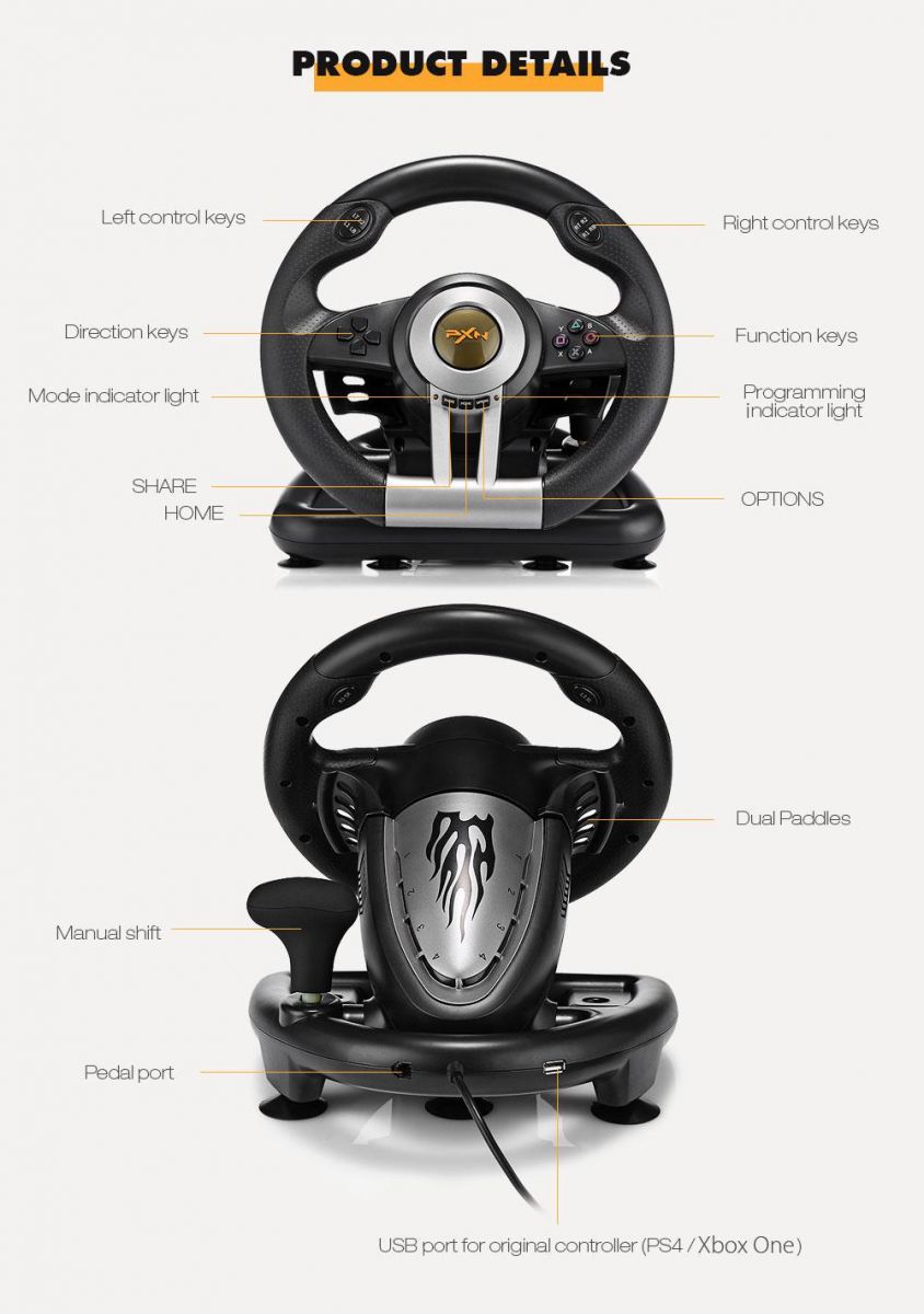 PXN V3II Racing Game Pad 180 Degree Steering Wheel USB Game Controller ...