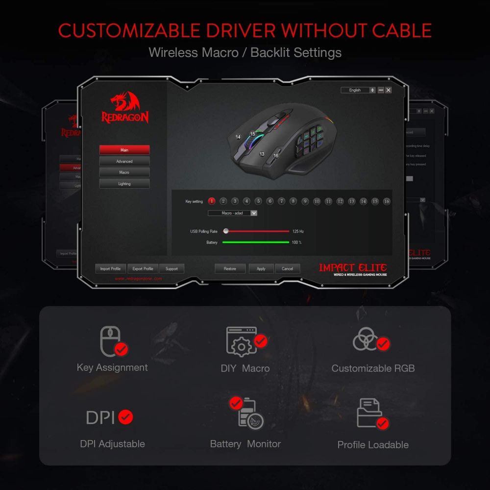 Redragon M913 RGB Impact Elite Wireless/Wired Gaming Mouse - Pro Optical Sensor 16000 DPI Pixart ...